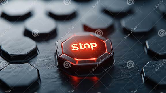 Red Illuminated Stop Button on Dark Hexagon Surface Stock Illustration ...