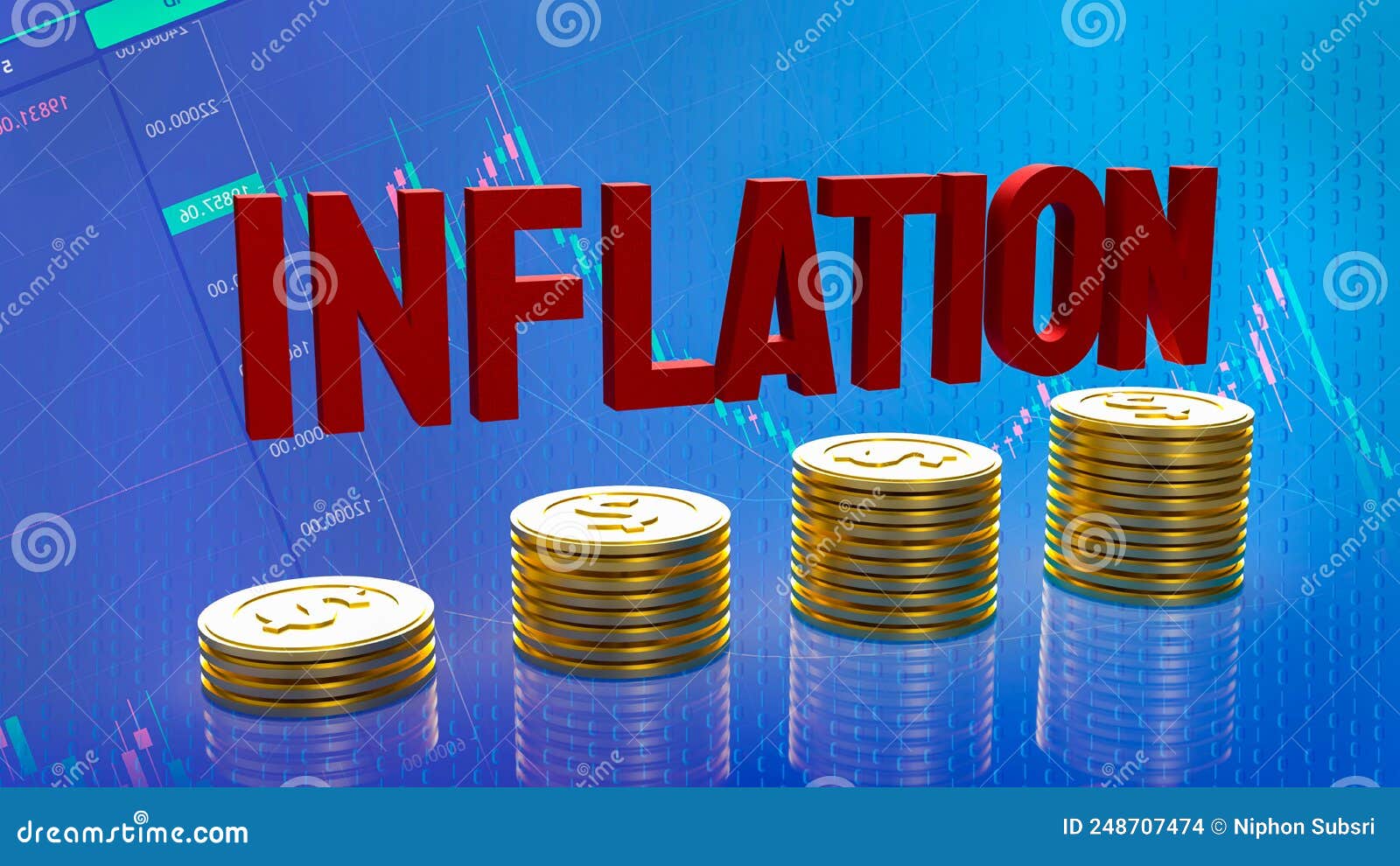 The Red Inflation and Gold Coins on Business Background 3d Rendering ...