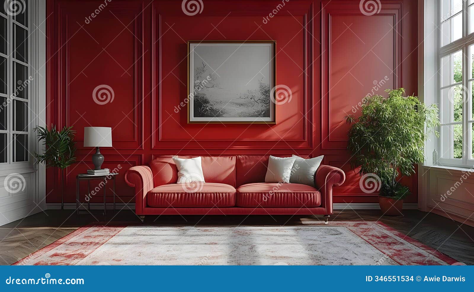 Red Interior Design with Sofa and Plants - 3D Illustration Stock ...