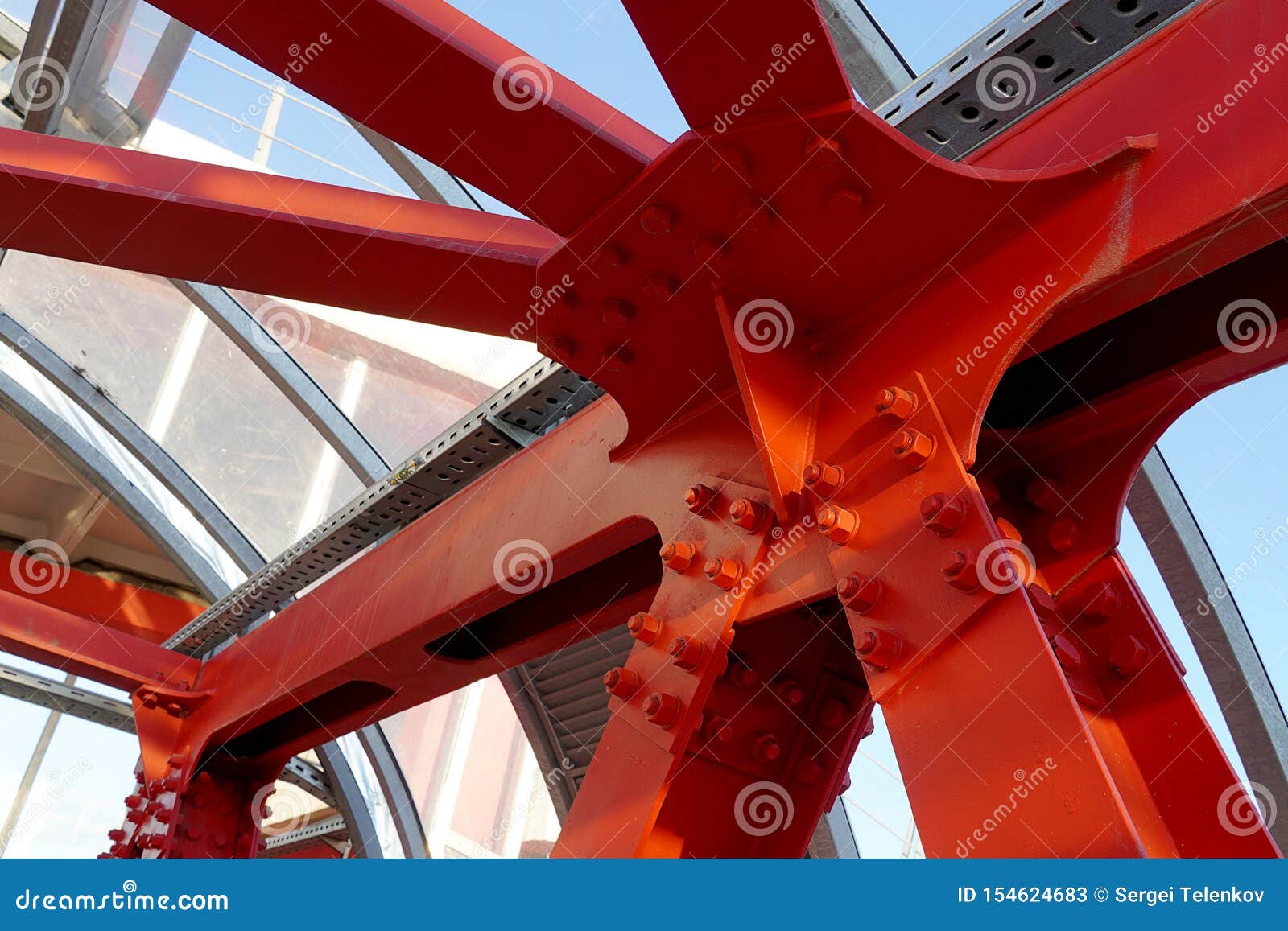 Red Iron Beams Bolted on. Angular Connection of Several Iron Beams in ...