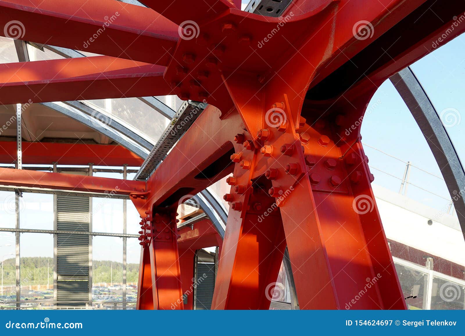 Red Iron Beams Bolted on. Angular Connection of Several Iron Beams in ...
