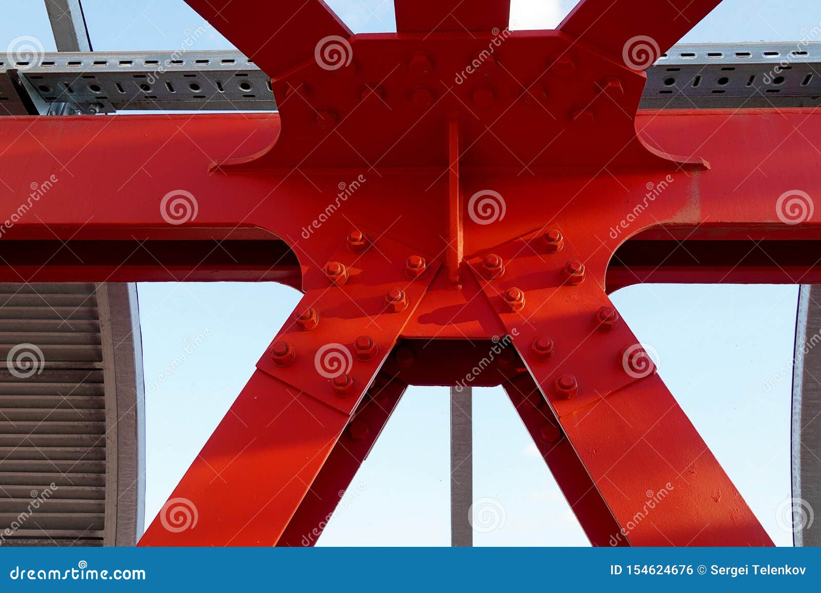 Red Iron Beams Bolted. Asymmetrical Connection of Several Iron Beams ...