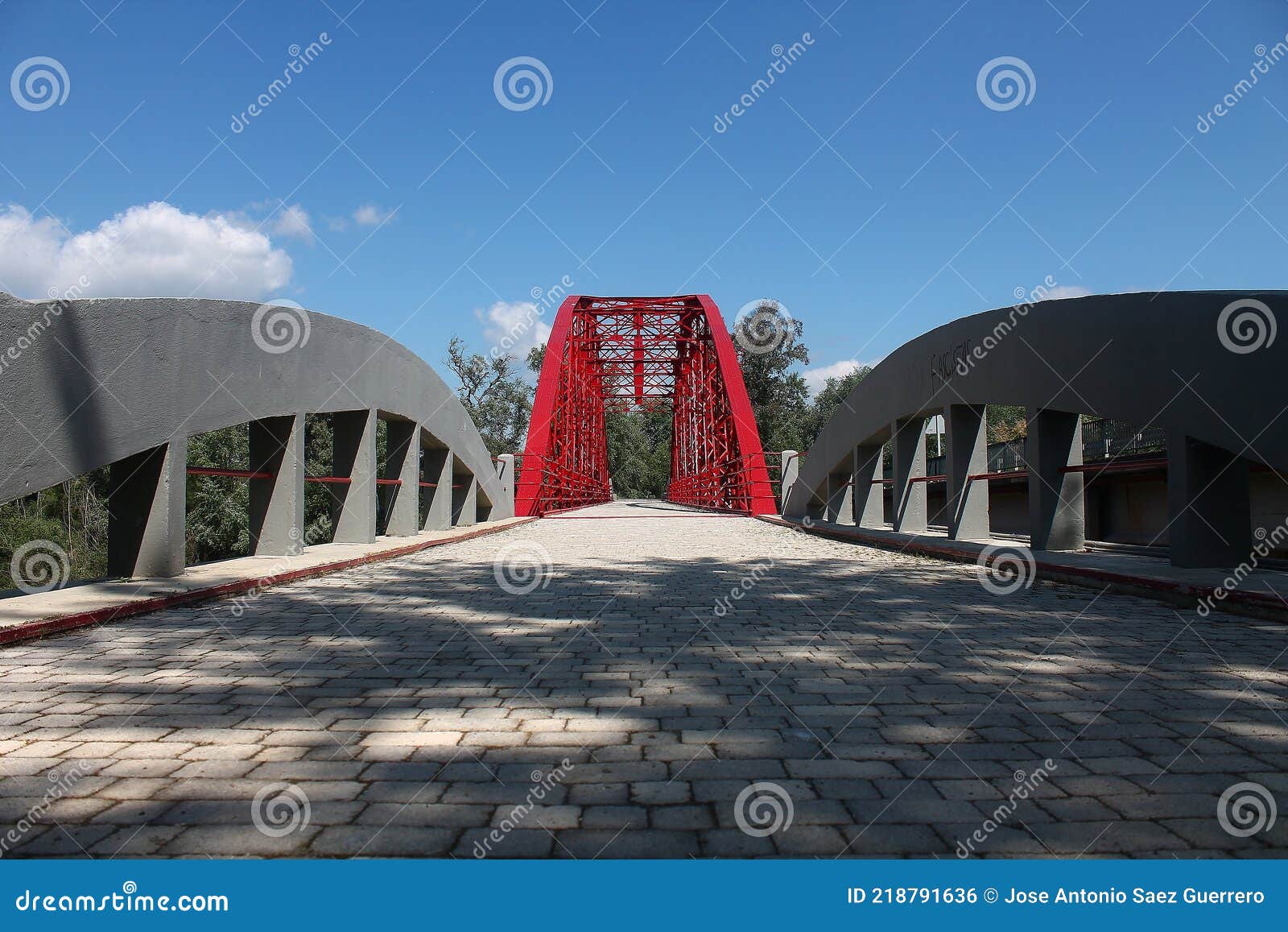 Red Iron Bridge in Perspective Stock Photo - Image of estate, blue ...