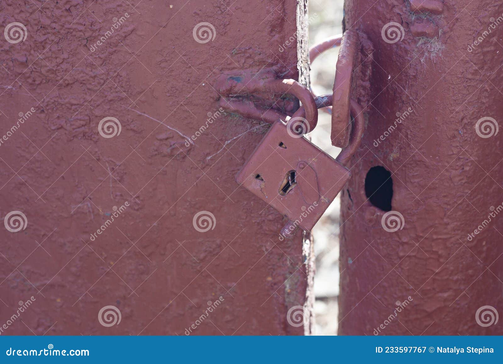 On the Red Iron Gate Hangs a Closed Iron Overhang Lock Stock Image ...