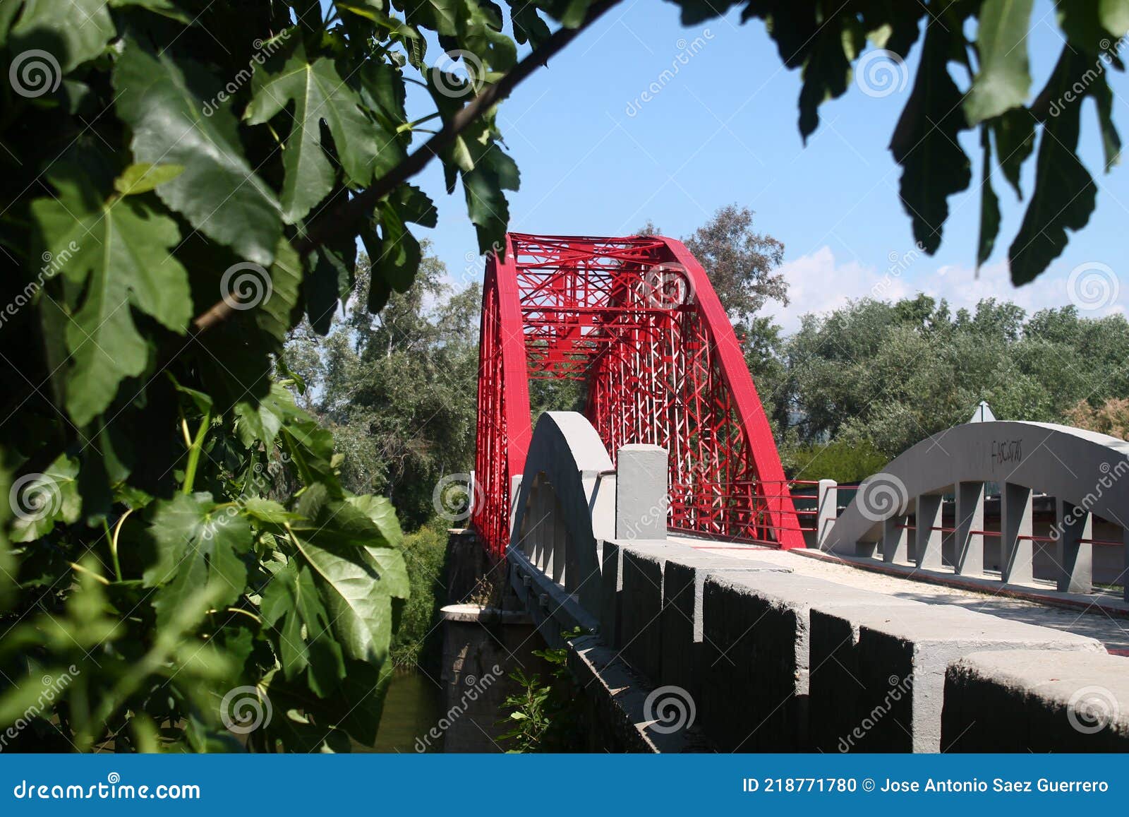 Red iron pedestrian bridge stock photo. Image of tree - 218771780