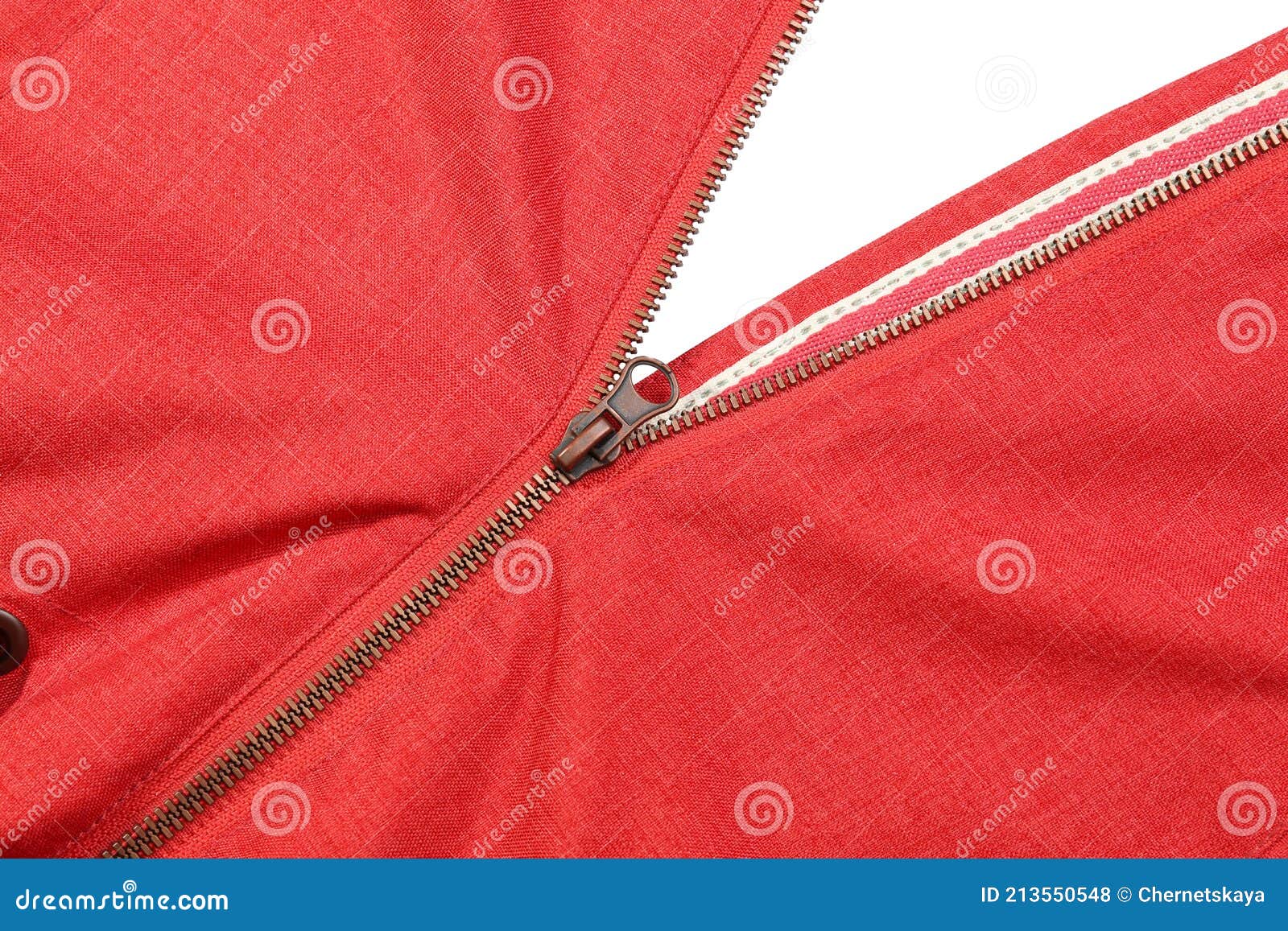 Red Jacket with Zipper on White Background, Top View Stock Photo ...