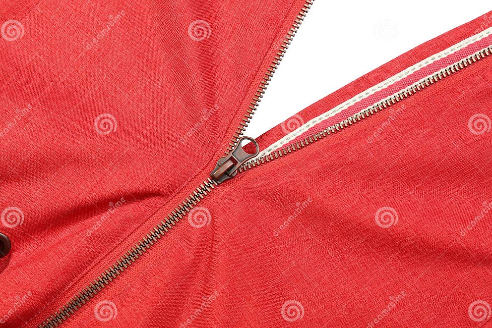 Red Jacket with Zipper on White Background, Top View Stock Photo ...