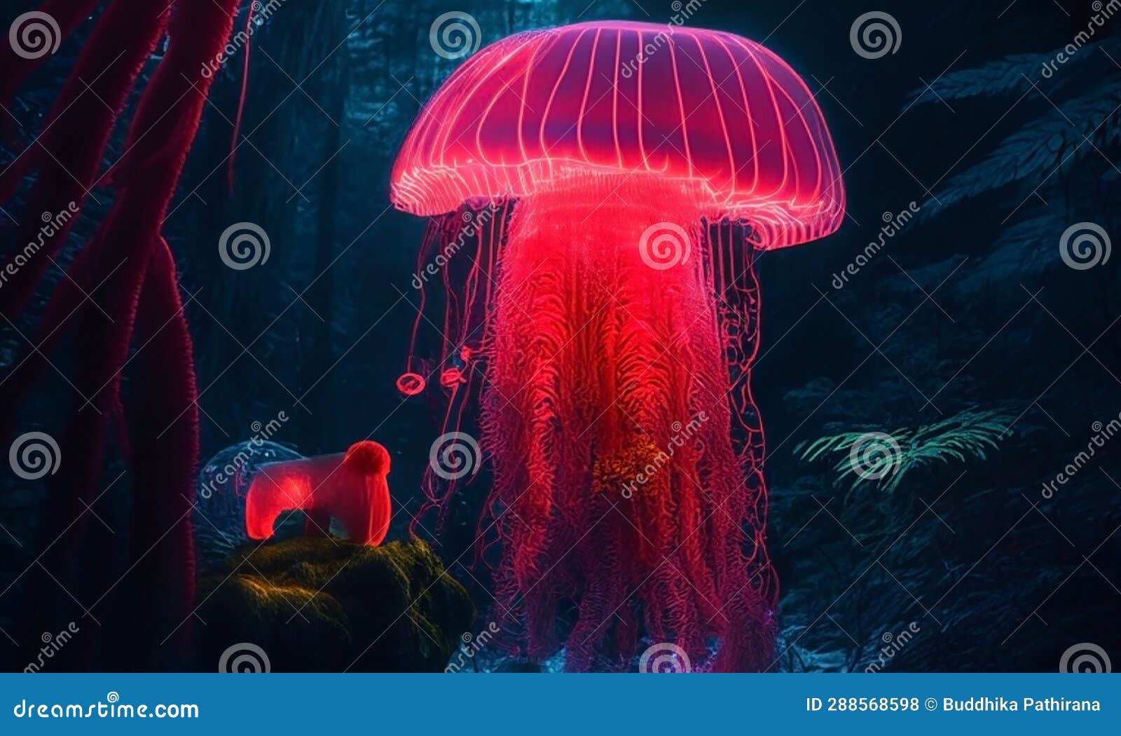 Red Jelly Fish in the Dark Green Forest, Ai Generated Stock Photo ...