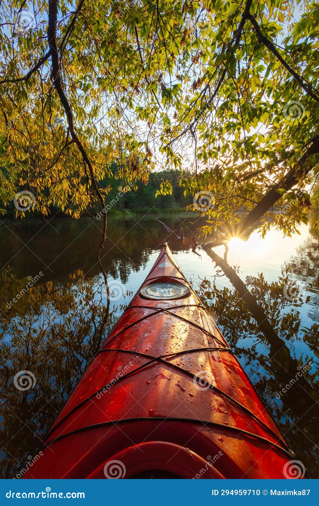 Red Kayak Under Trees at Sunset and Beautiful River Stock Photo - Image ...