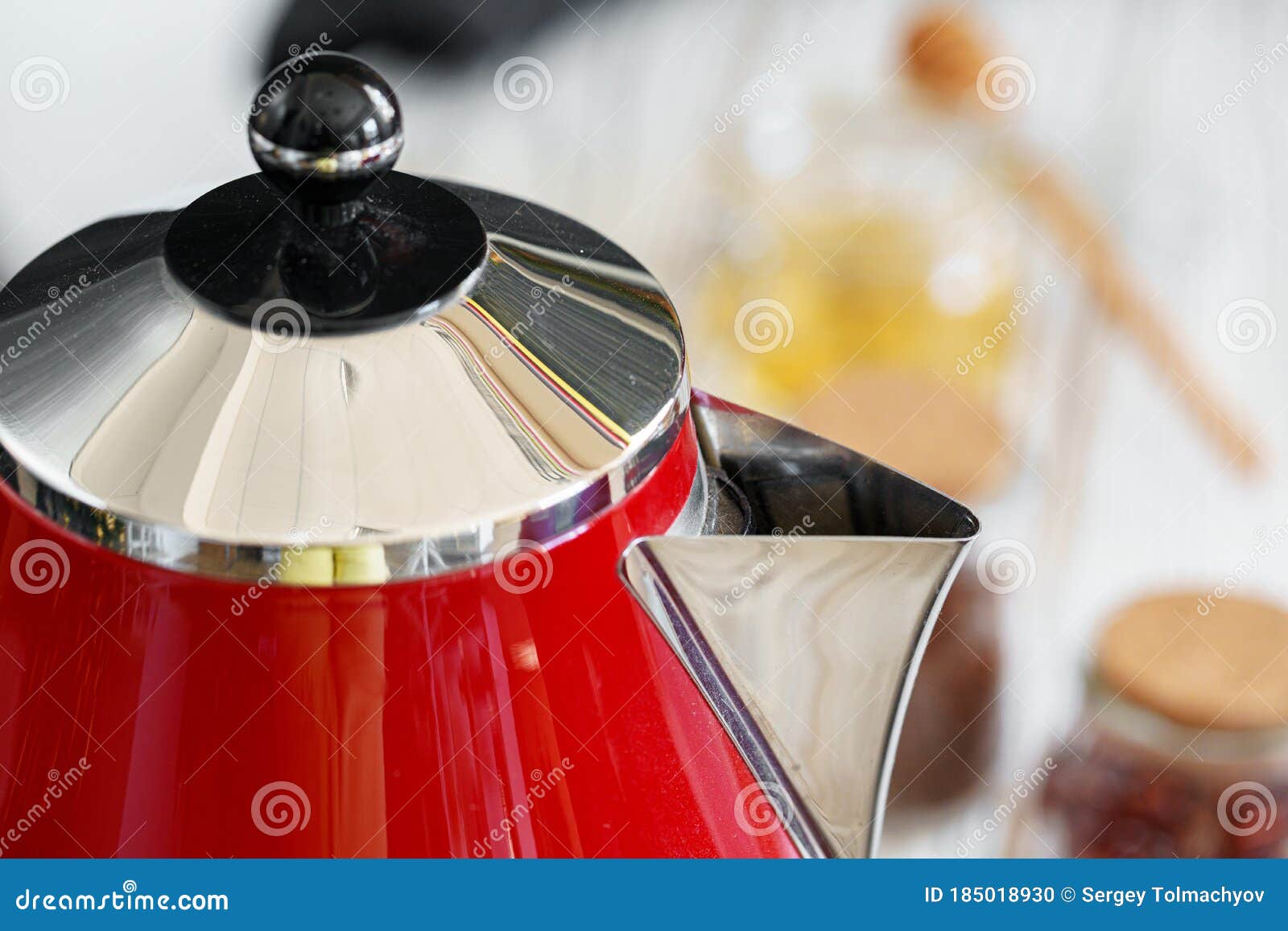 Red Kettle on Kitchen Counter Close Up Stock Photo - Image of ...