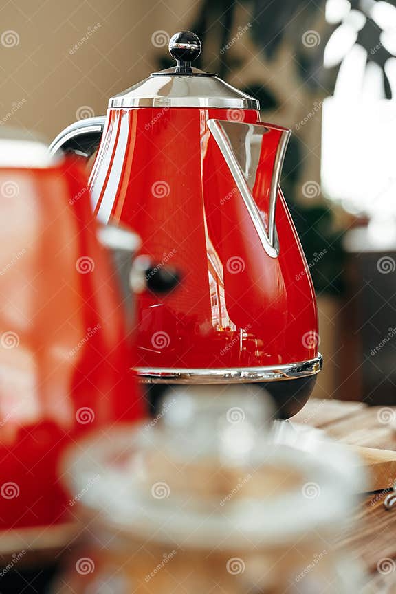 Red Kettle on Kitchen Table Close Up Stock Photo - Image of retro ...