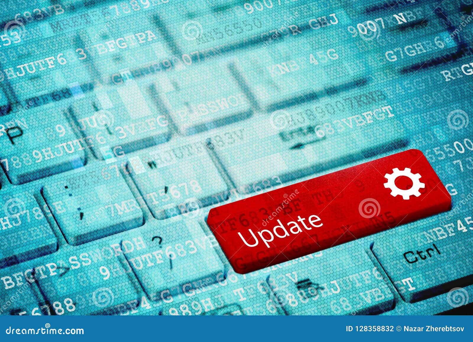 Red Key with Text Update and Cogwheel Icon on Blue Digital Laptop ...