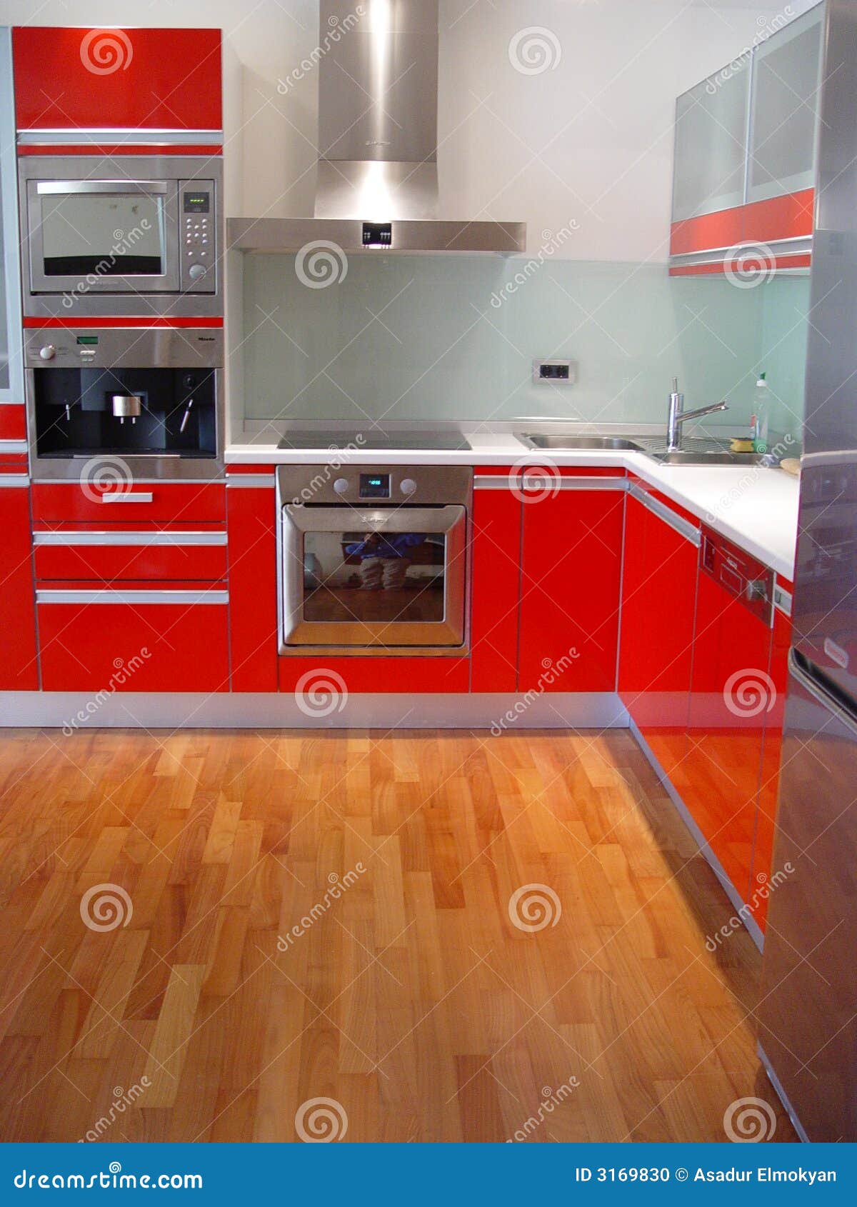 Red kitchen interior stock photo. Image of gourmand, floor - 3169830