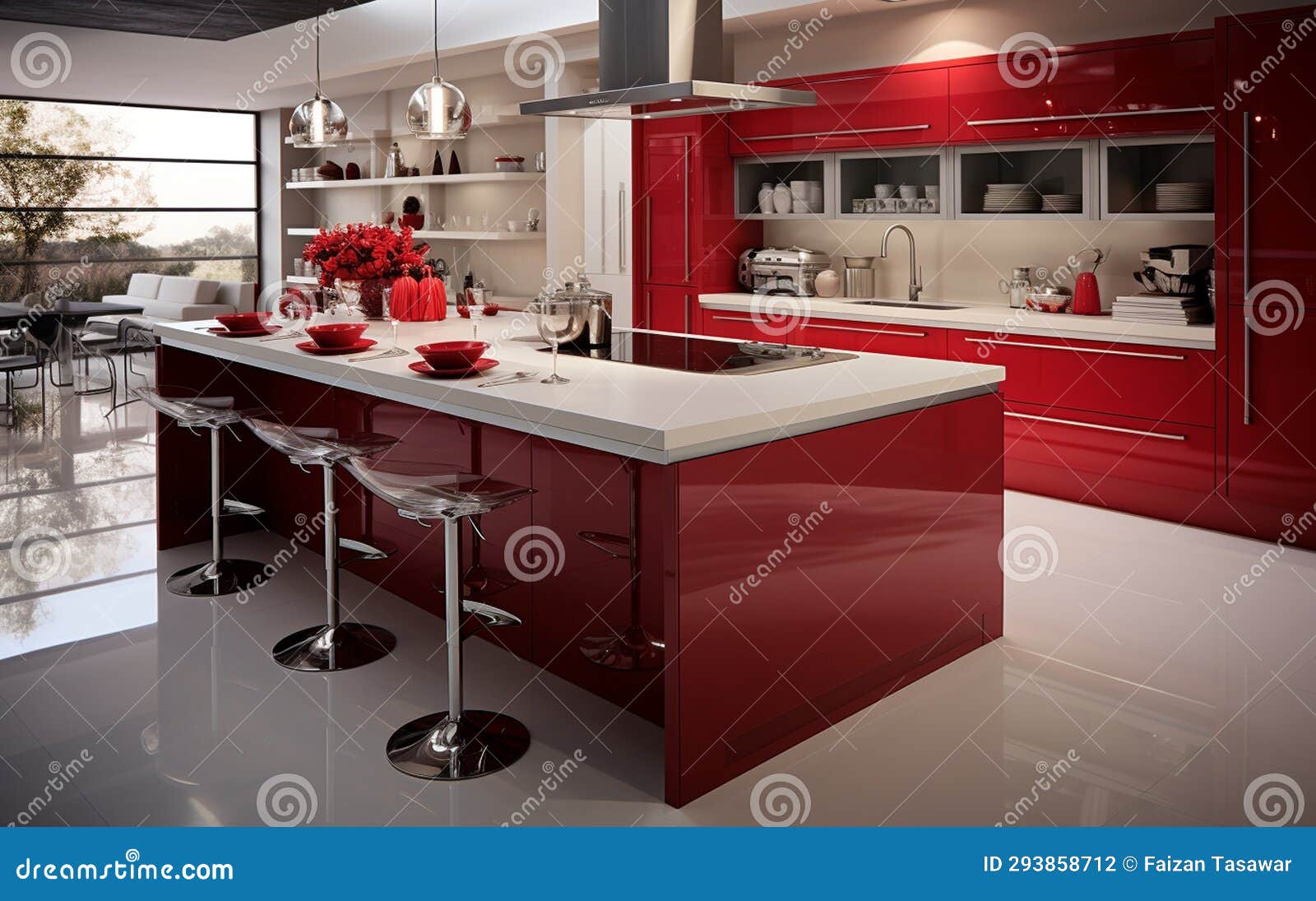 Pop of Red Kitchen Island Generative AIi Stock Photo - Image of sale ...
