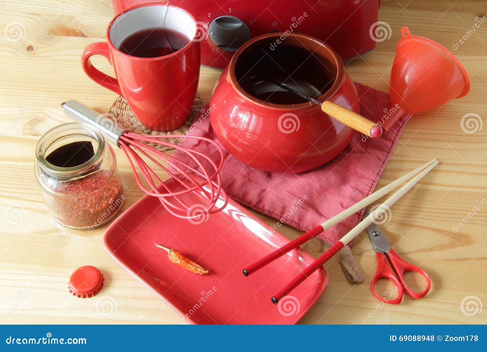 Red kitchen items stock photo. Image of bowl, pepper - 69088948