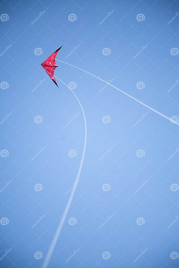 Red Kite Flies on Blue Sky with White Strings Stock Image - Image of ...