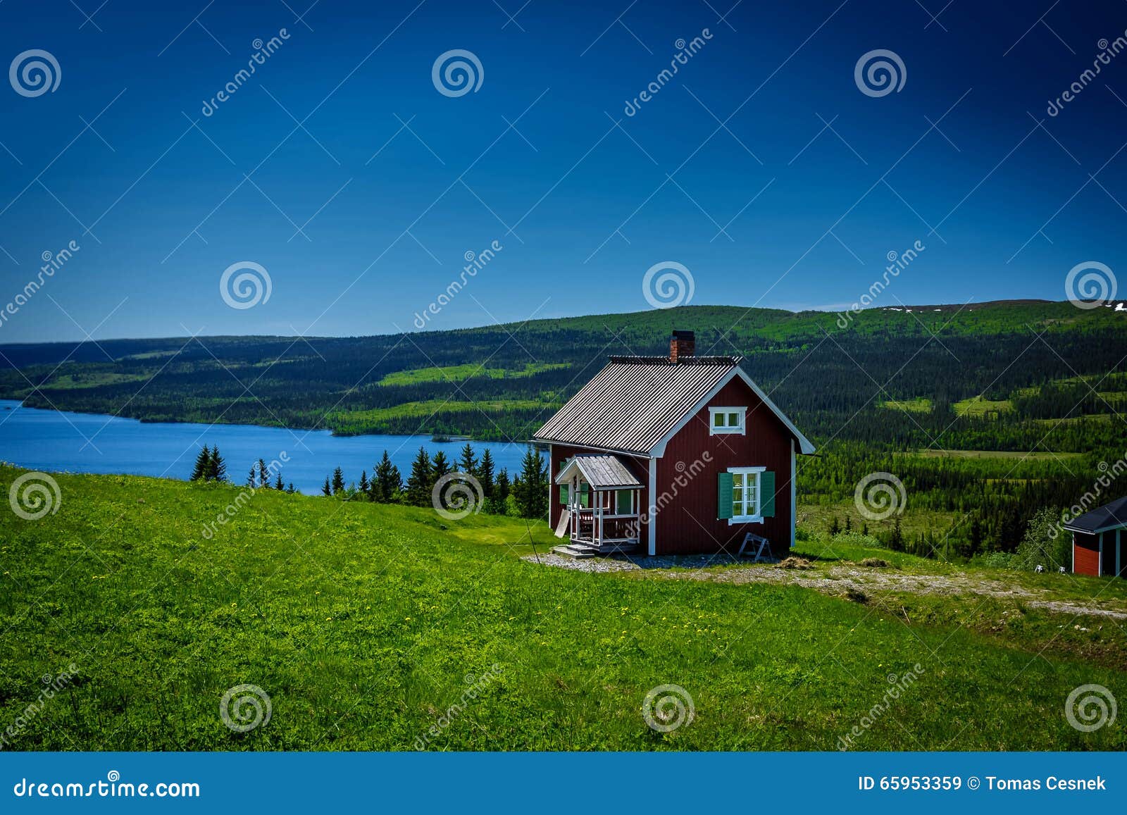 Red lake house stock image. Image of blue, trees, green - 65953359