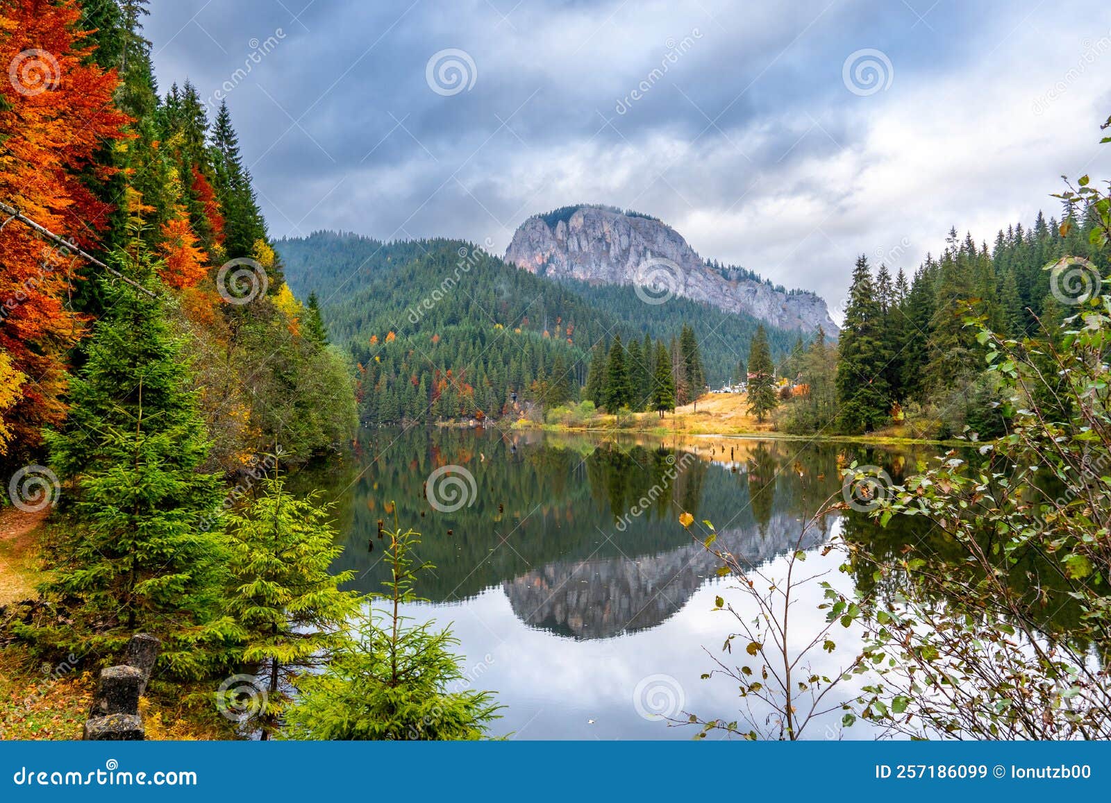 Red Lake and Suhard Peak at Fall, Transylvania, Romania Stock Image ...