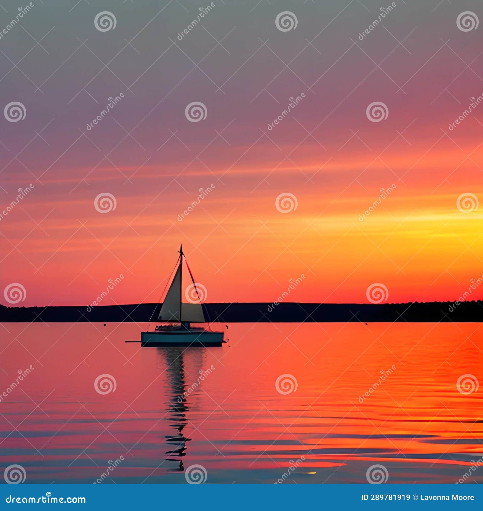 Red Lake Sunset with a Sailboat Stock Illustration - Illustration of ...