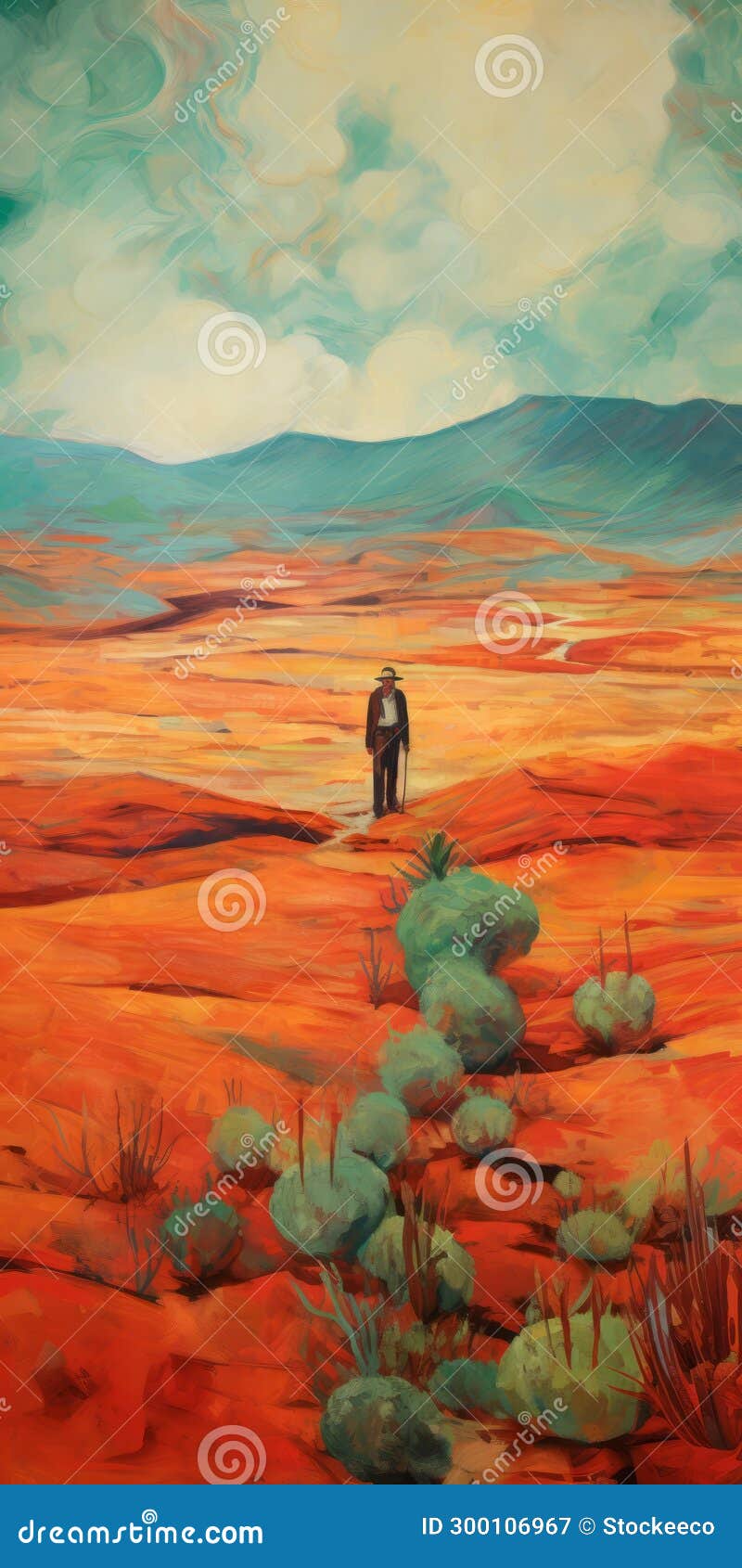 Vibrant Desert Landscape Painting with Western-style Portraits Stock ...