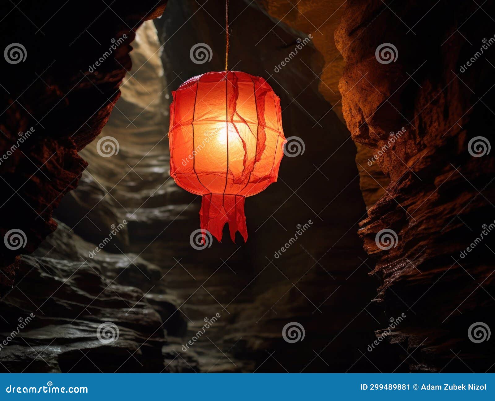 A Red Lantern from a Rope in a Cave Stock Illustration - Illustration ...