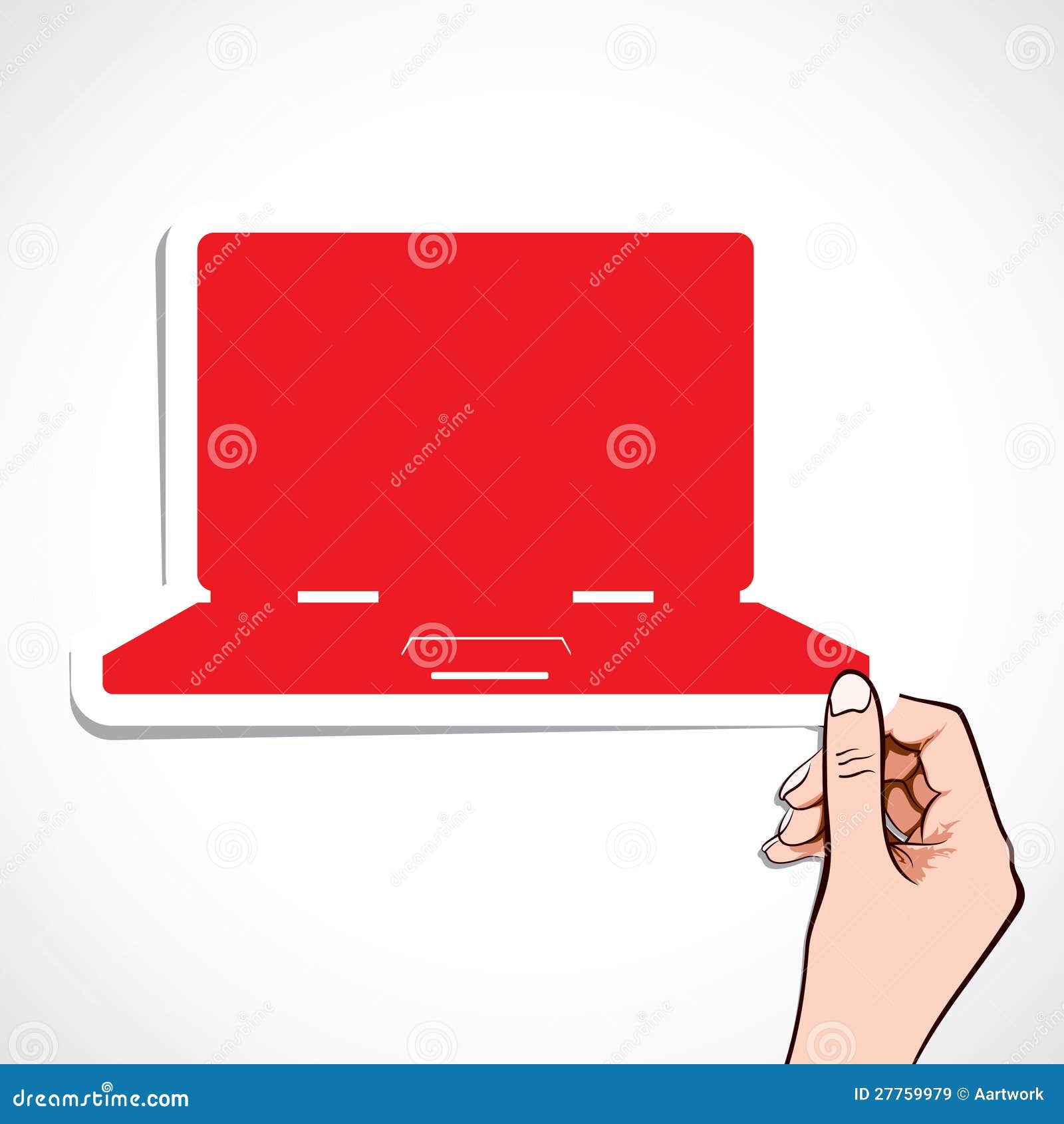 Red laptop sticker in hand stock vector. Illustration of fingers - 27759979