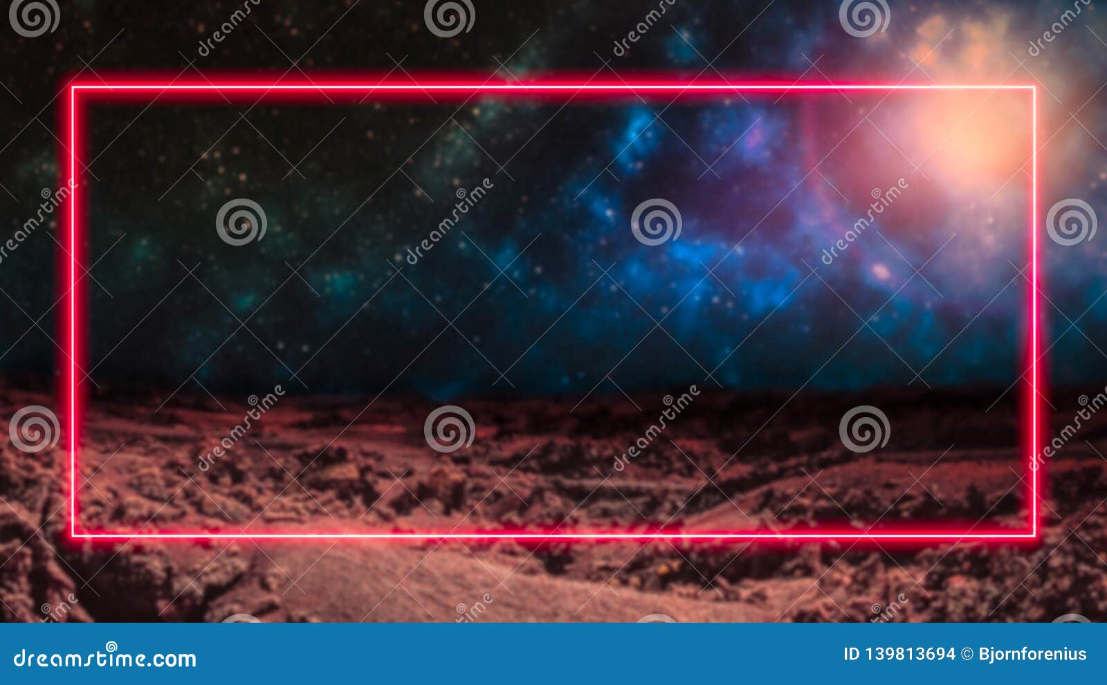 Red Laser Neon Light Frame Over Outer Space Background with Galaxies ...