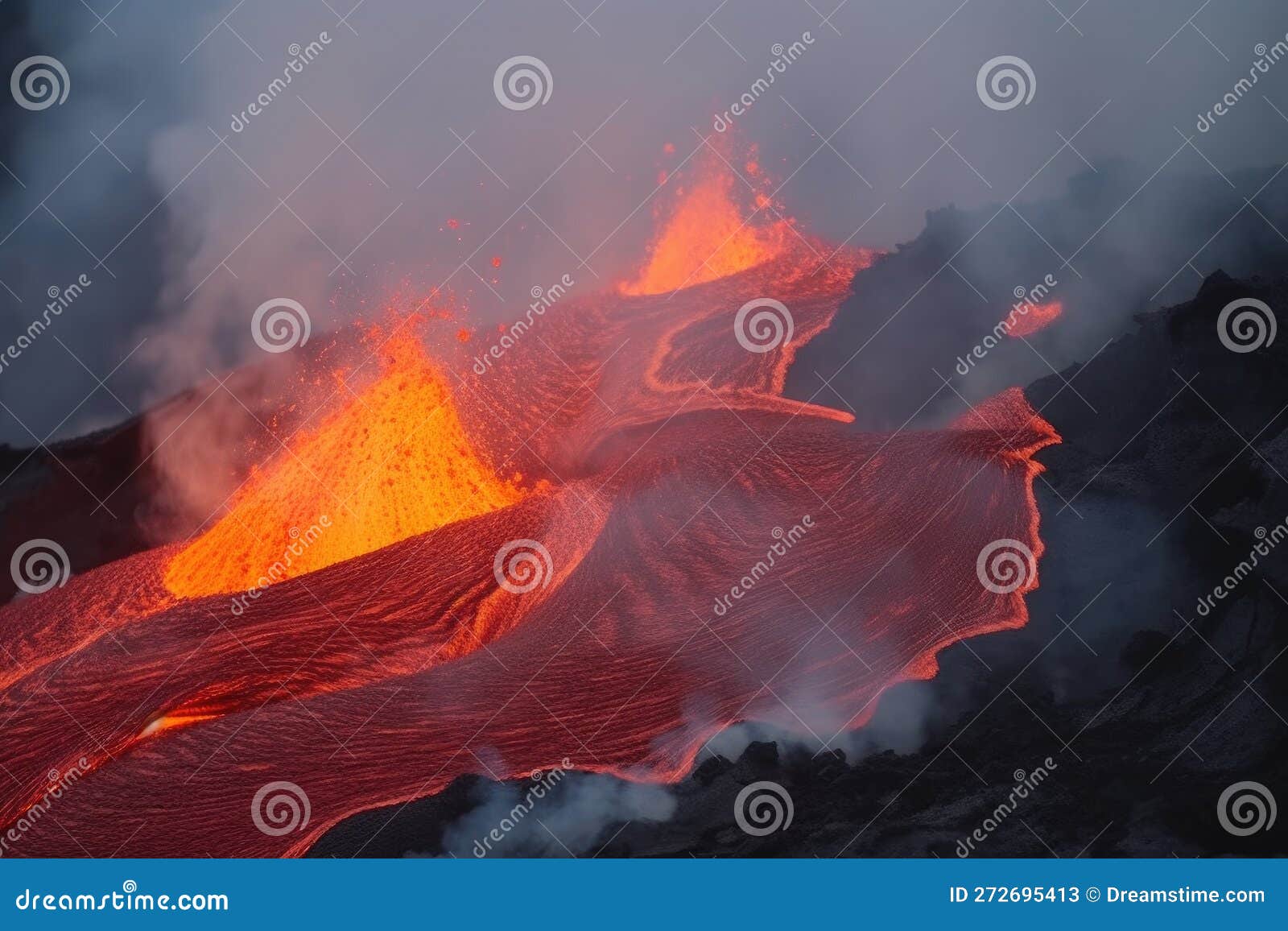 Red Lava Flows from the Mouth of the Volcano. Generative Ai Stock Image ...