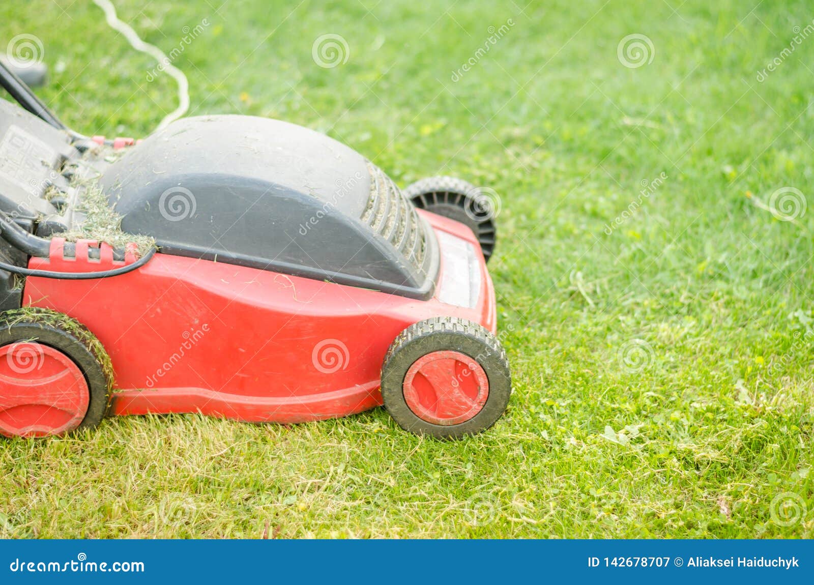 Red Lawn Mower on the Lawn/red Lawn Mower on the Green Lawn. Selective ...