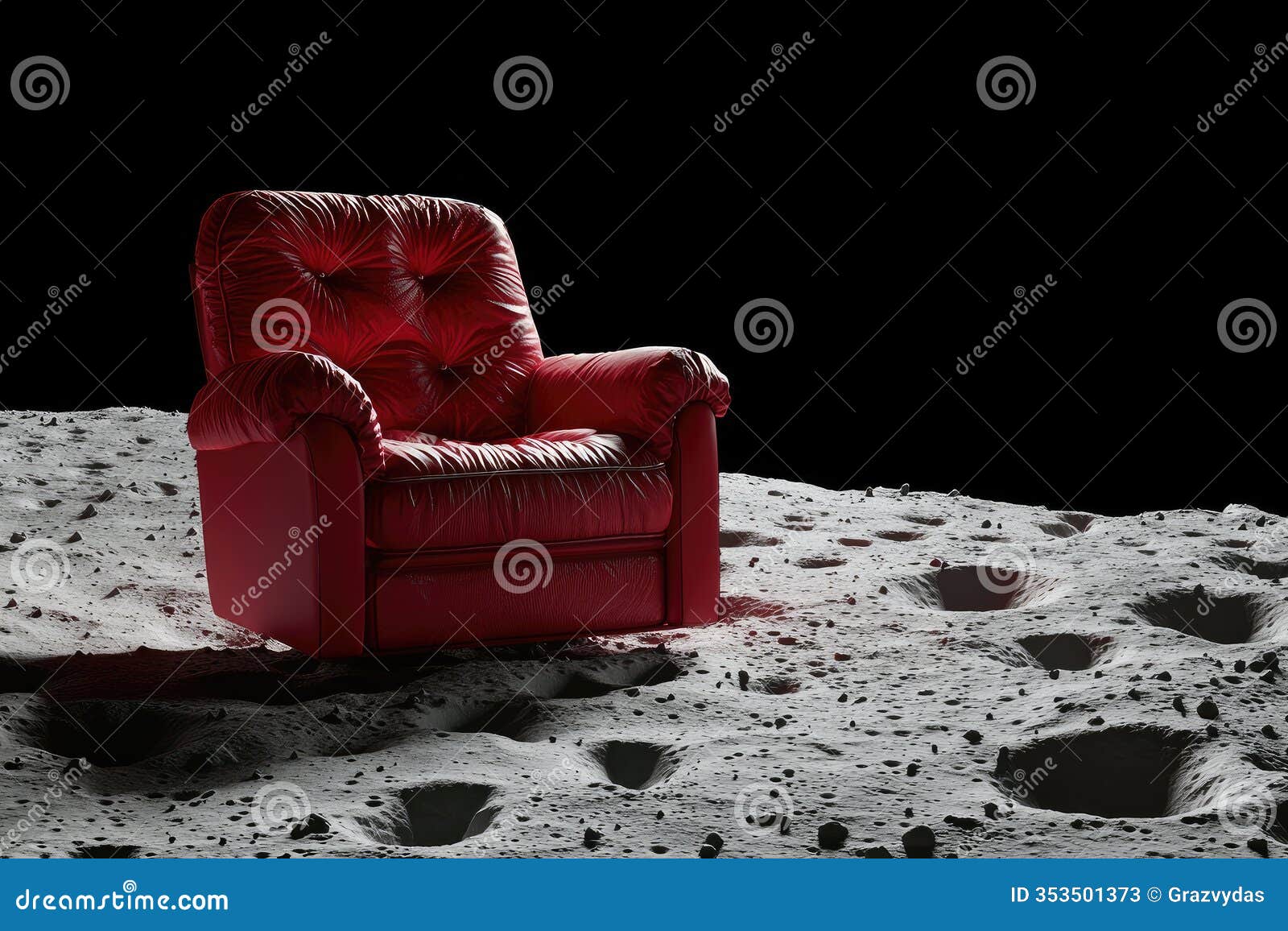 A Red Leather Armchair on the Moon with Bumpy Surface and Dark Space ...