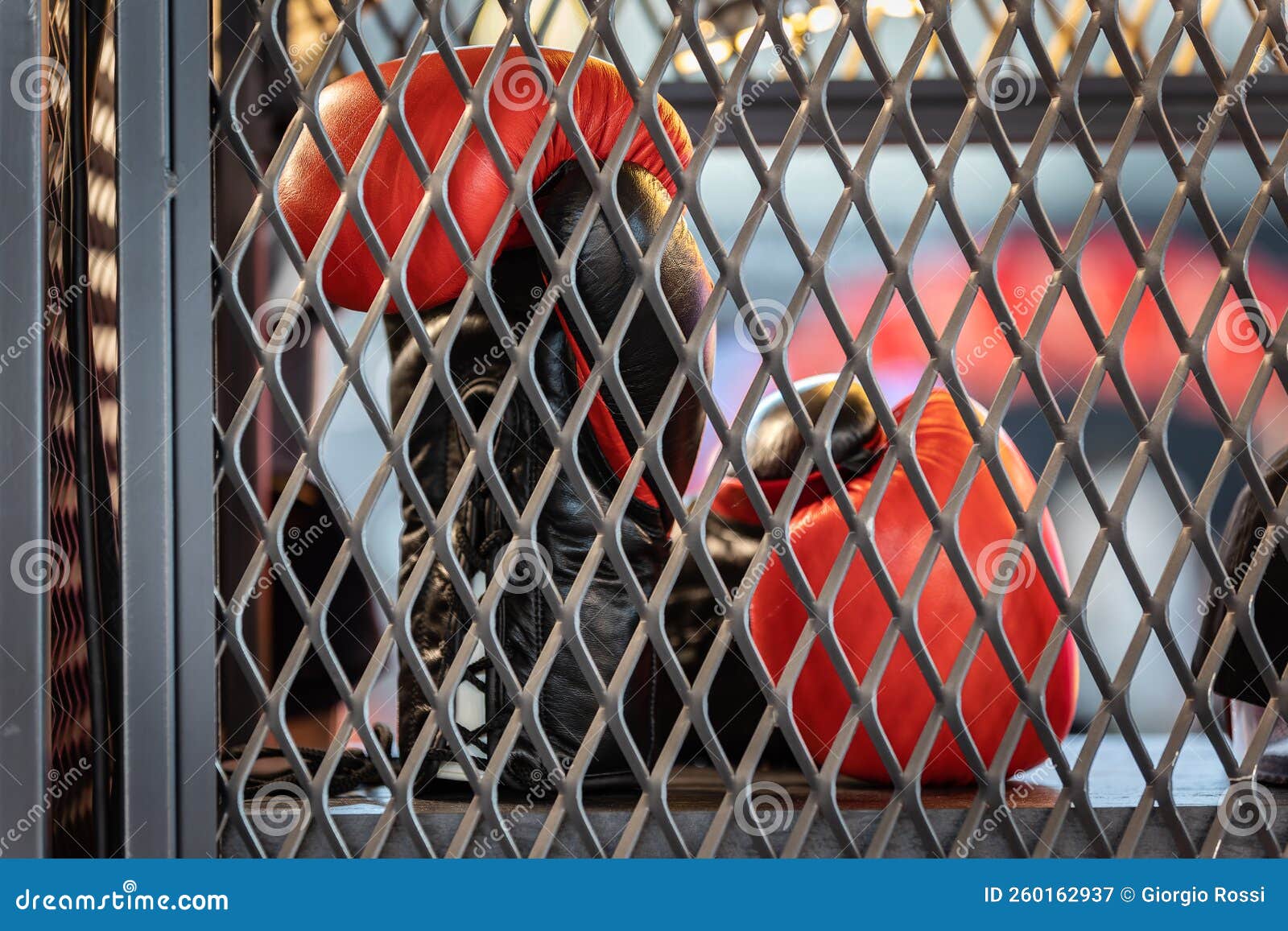 Red Leather Boxing Gloves Enclosed Inside a Box with Iron Grill Stock ...