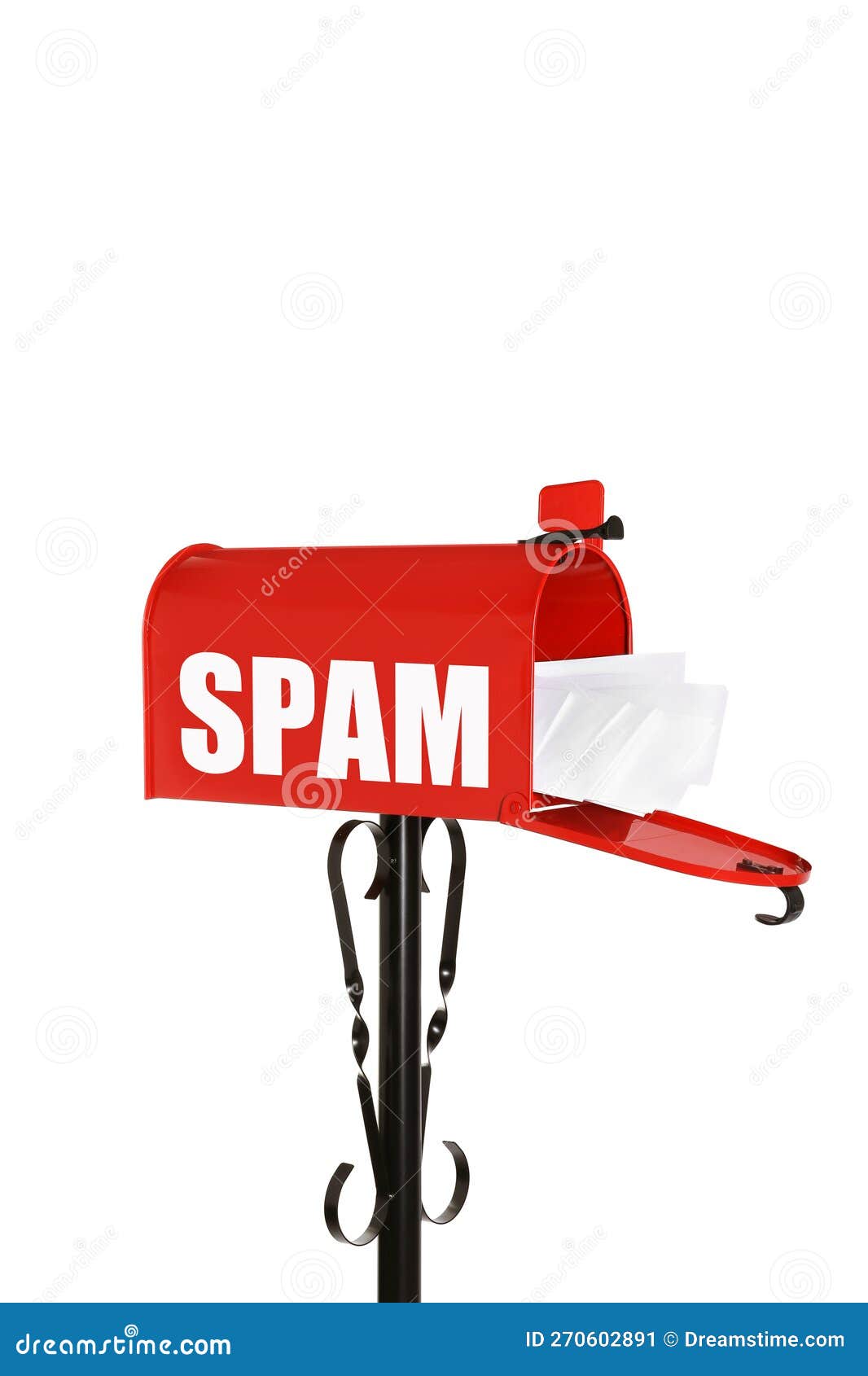 Red Letter Box with Word Spam and Envelopes on White Background Stock ...