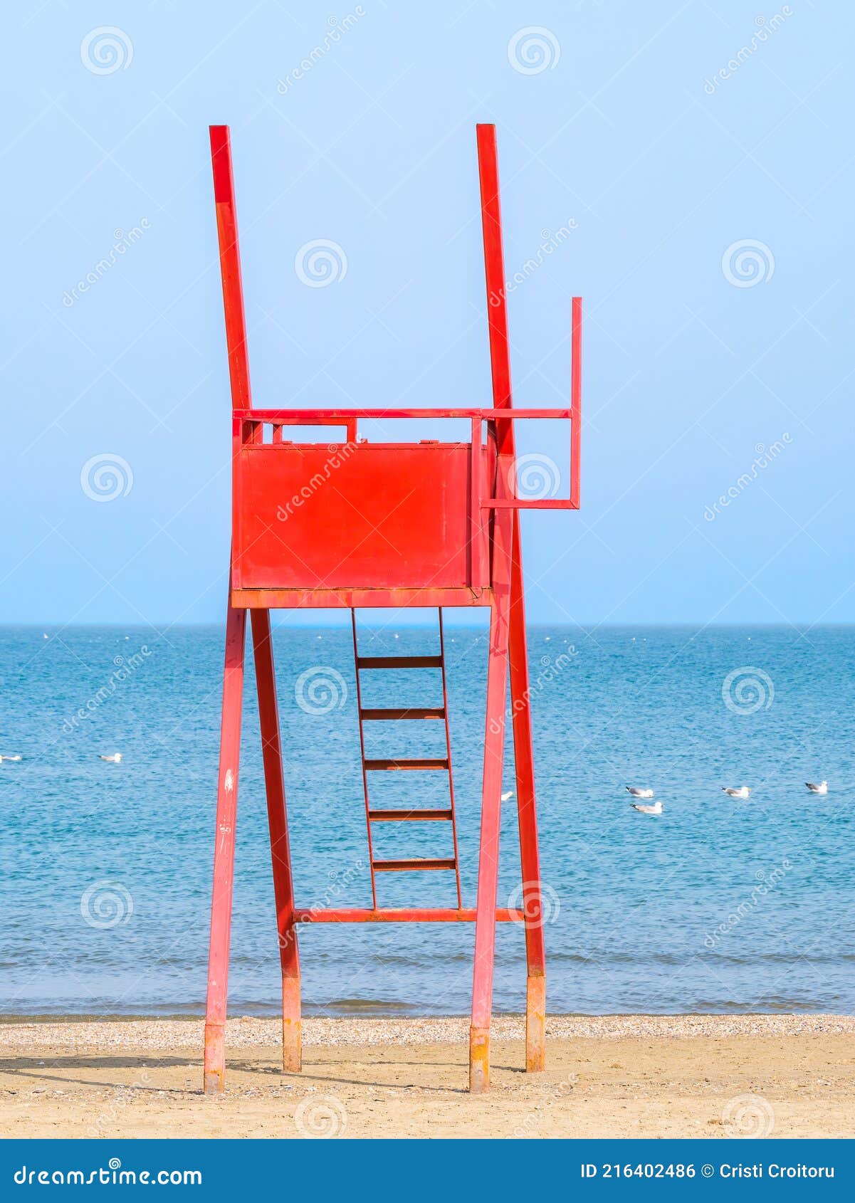 Red Lifeguard Chair on an Empty Beach Stock Photo - Image of shoreline ...