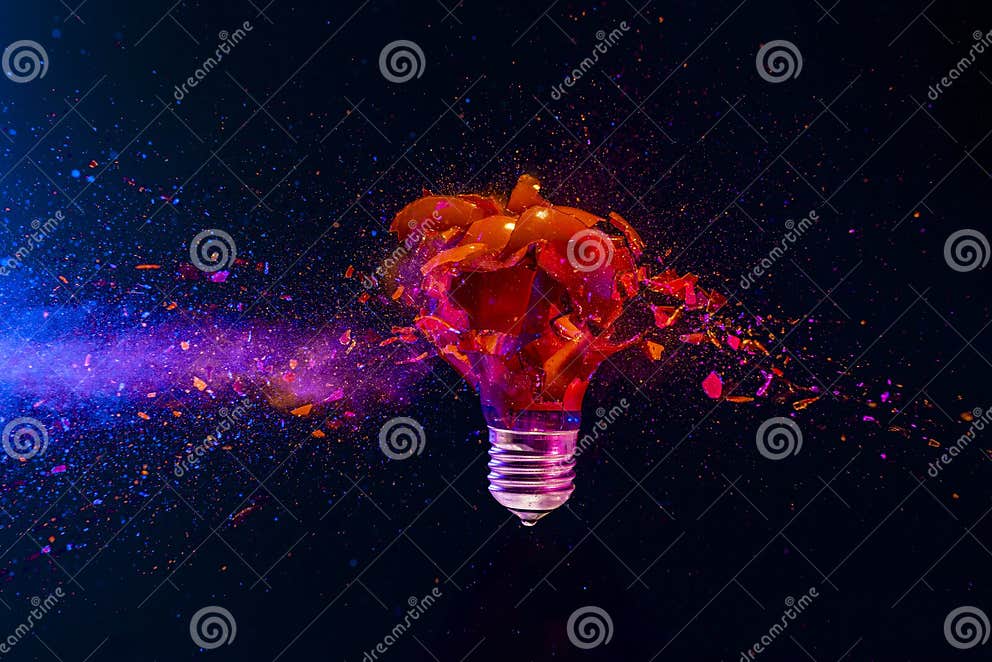 Red Light Bulb Exploding with Colorful Powder on Dark Background Stock ...