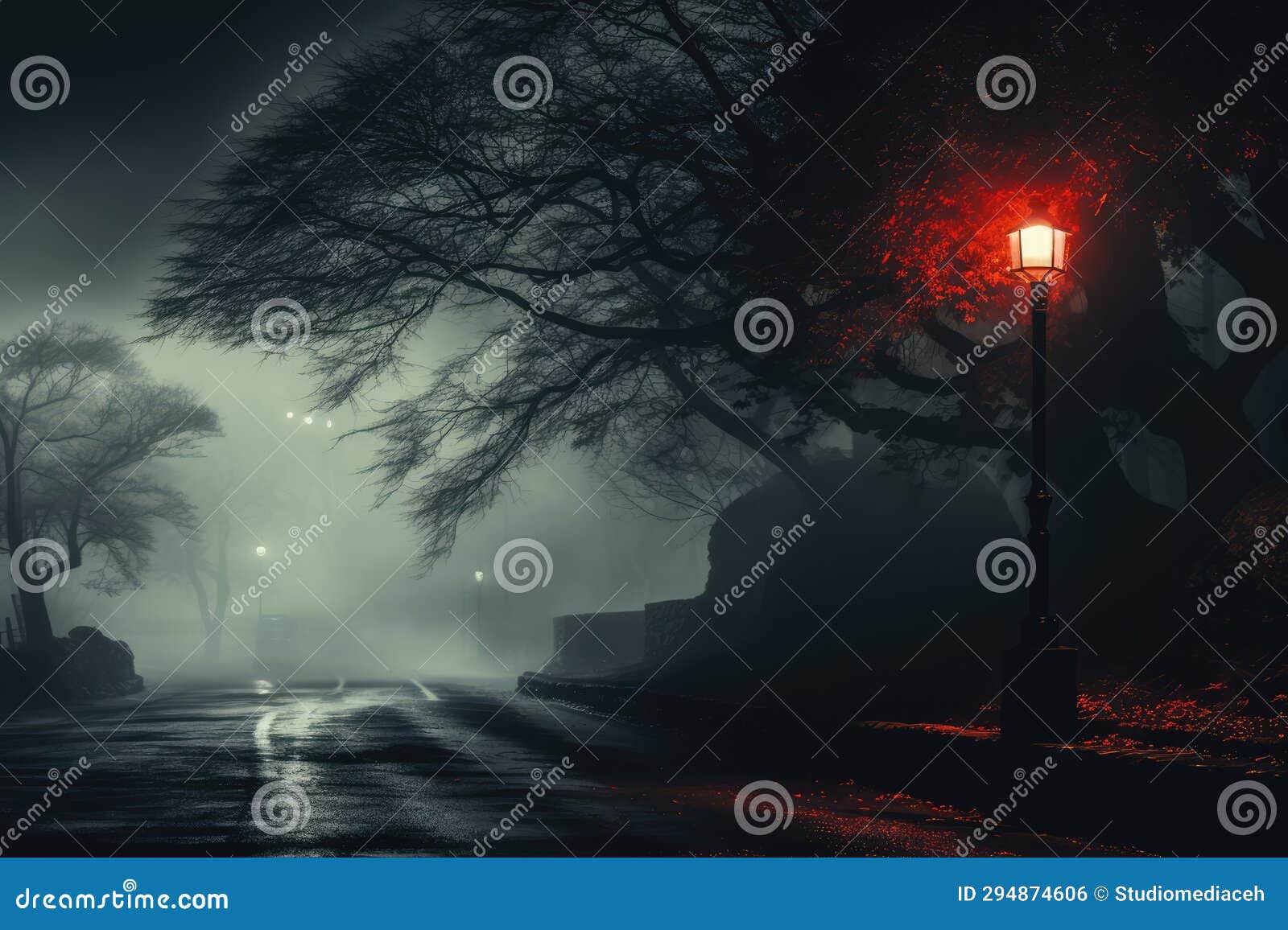 Red Light into Dark Trees in the Forest. Dark Mysterious Path through a ...