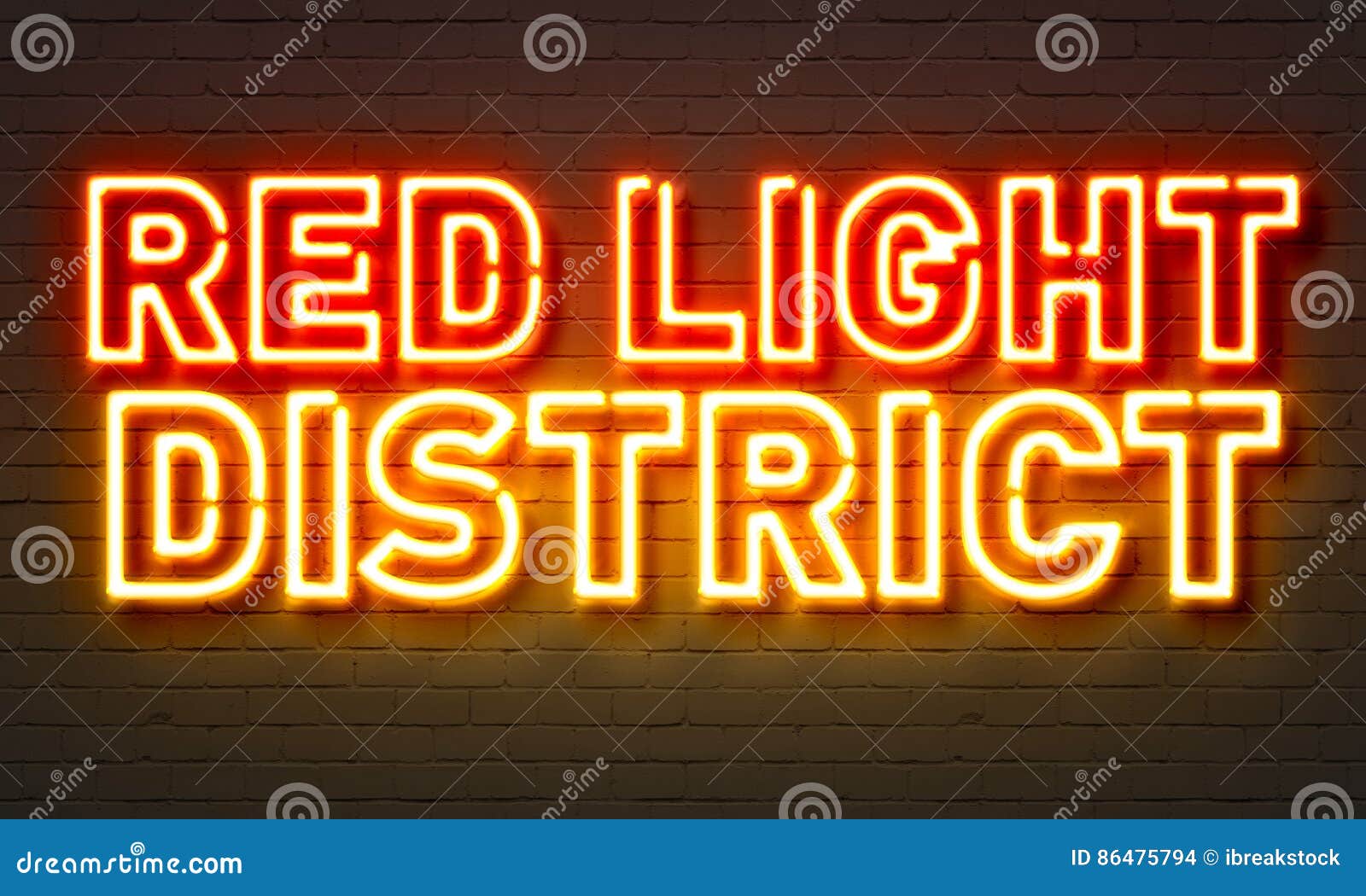 Red Light District Neon Sign on Brick Wall Background. Stock Photo ...