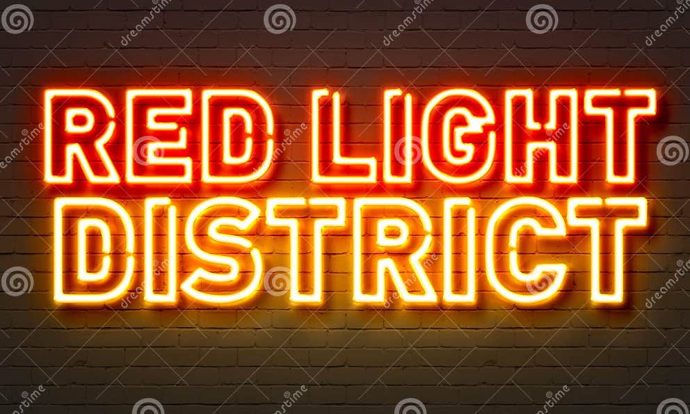 Red Light District Neon Sign on Brick Wall Background. Stock Photo ...