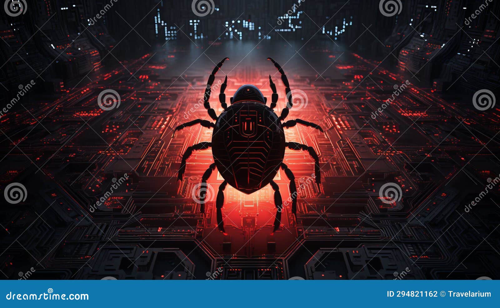 Red Light Glowing Computer Bug Perched on Microchip Symbolizing Threat ...