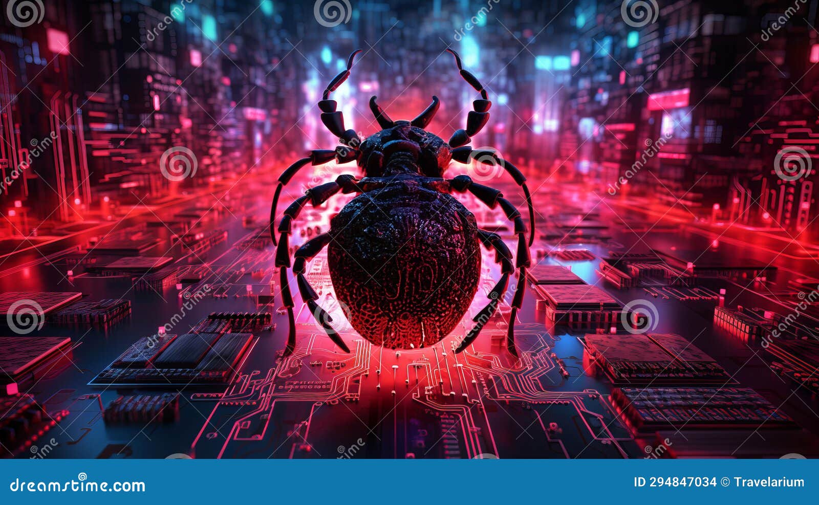 Red Light Glowing Computer Bug Perched on Microchip Symbolizing Threat ...