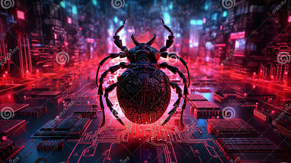 Red Light Glowing Computer Bug Perched on Microchip Symbolizing Threat ...