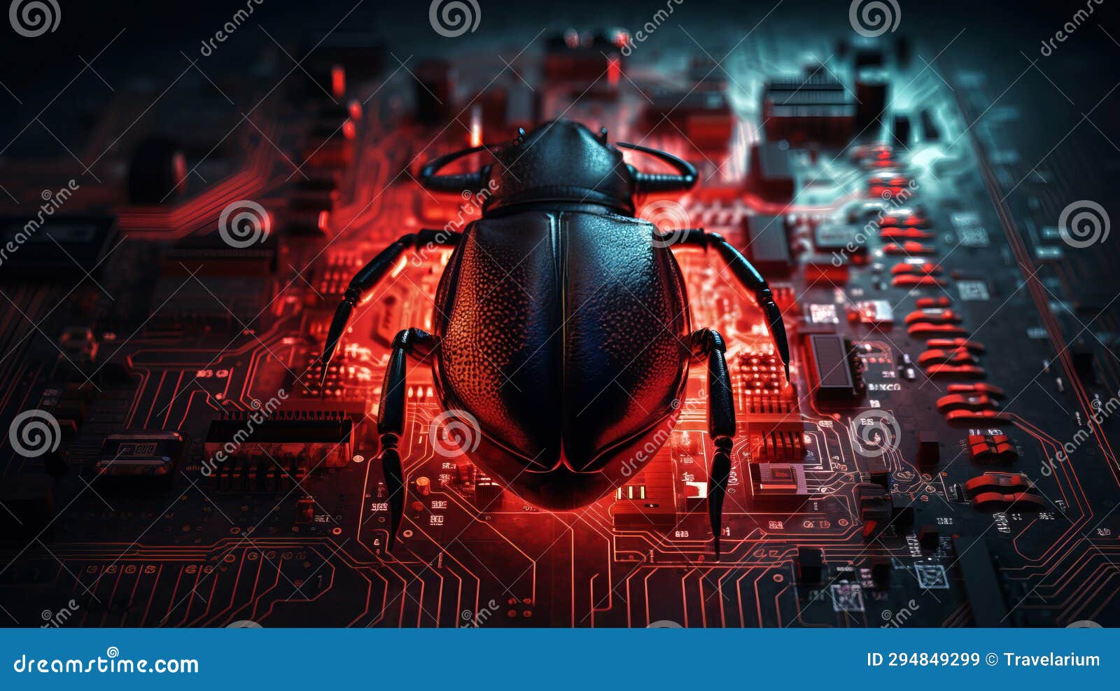 Red Light Glowing Computer Bug Perched on Microchip Symbolizing Threat ...