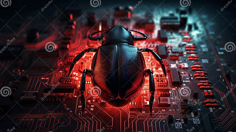 Red Light Glowing Computer Bug Perched on Microchip Symbolizing Threat ...