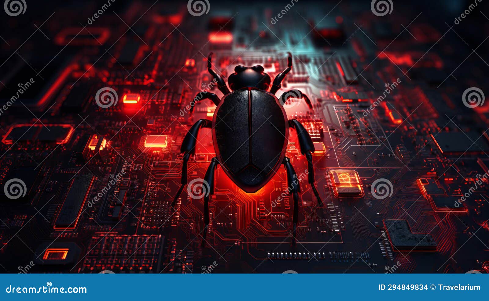 Red Light Glowing Computer Bug Perched on Microchip Symbolizing Threat ...