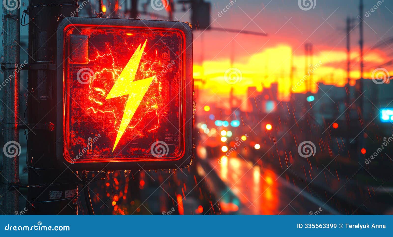 A Red Light with a Lightning Bolt on it is Lit Up in the Rain Stock ...