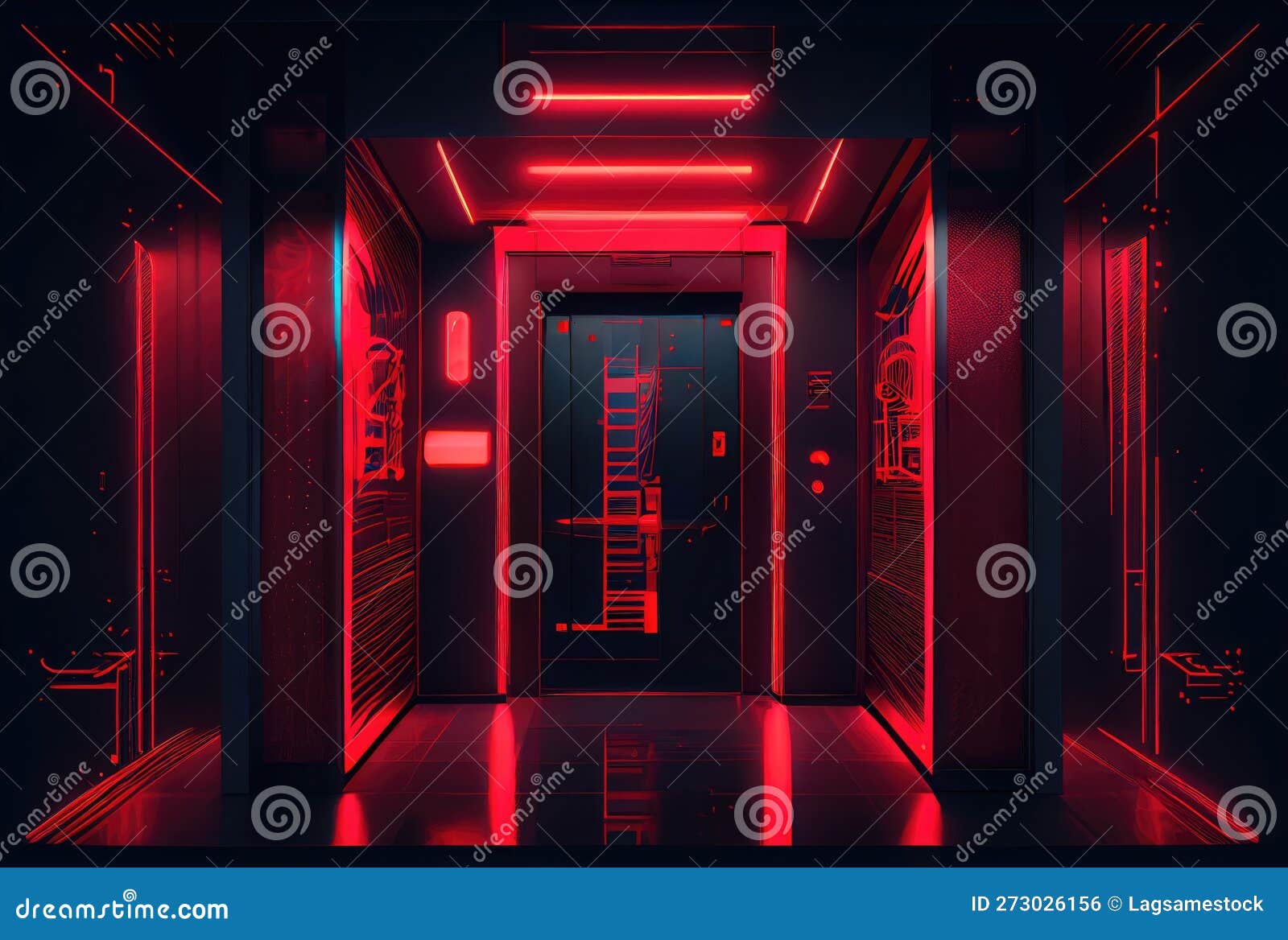 Red Light Neon Elevator in the End of Hallway Corridor Background. Interior Architecture and ...