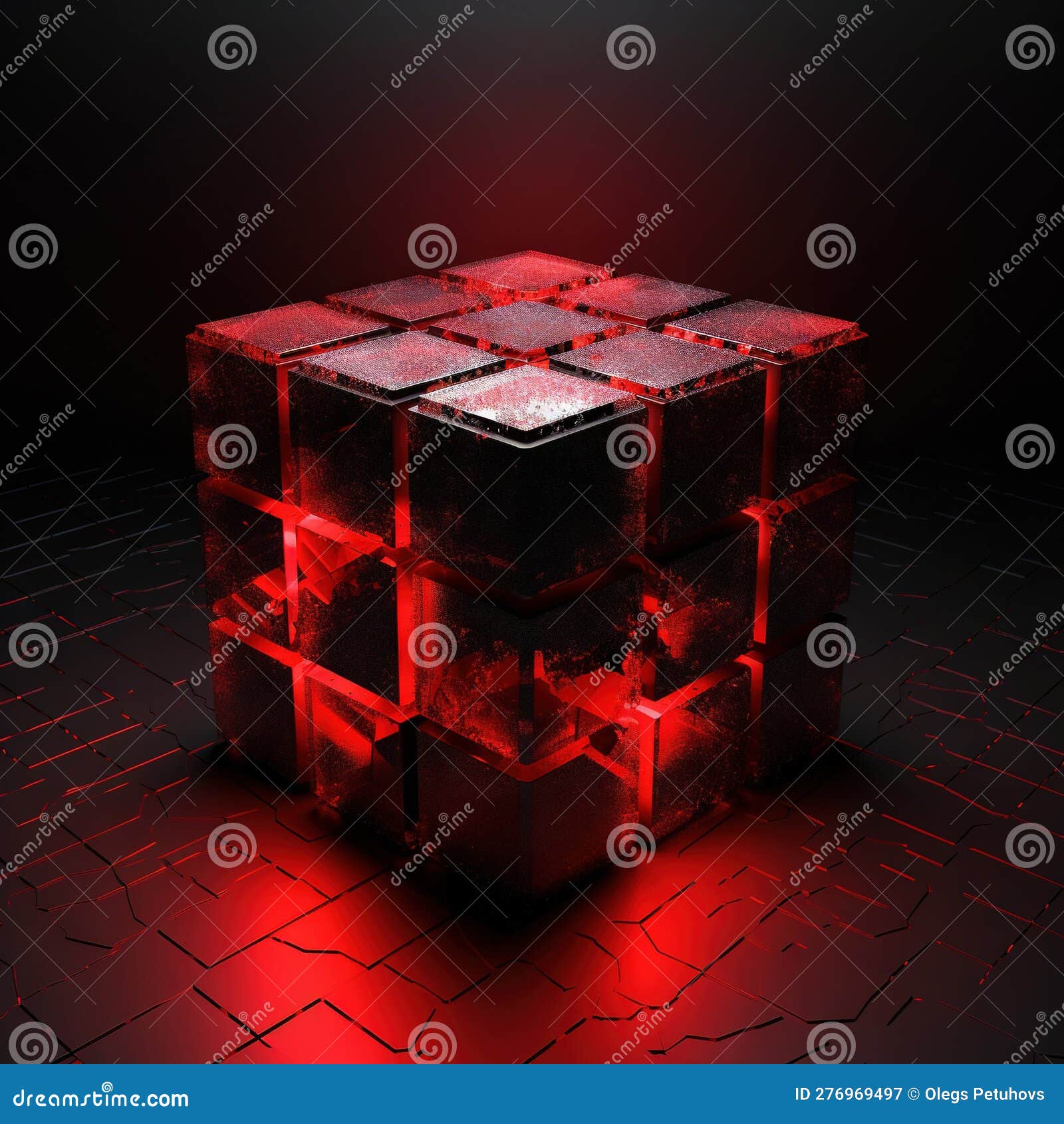 A Red Light Shines on a Cube Shaped Object on a Black Background Stock ...