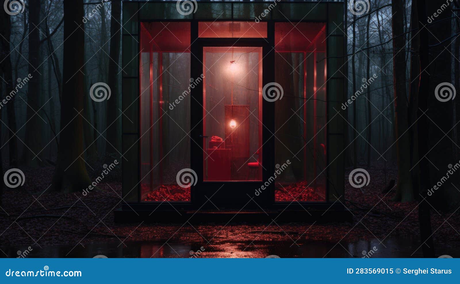 A Red Light Shines through a Glass Structure in the Woods. Generative ...