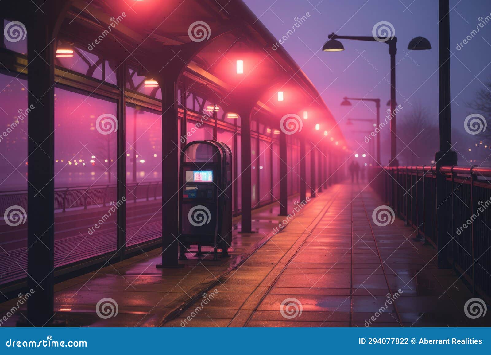A Red Light is Shining on a Train Station at Night Stock Illustration ...