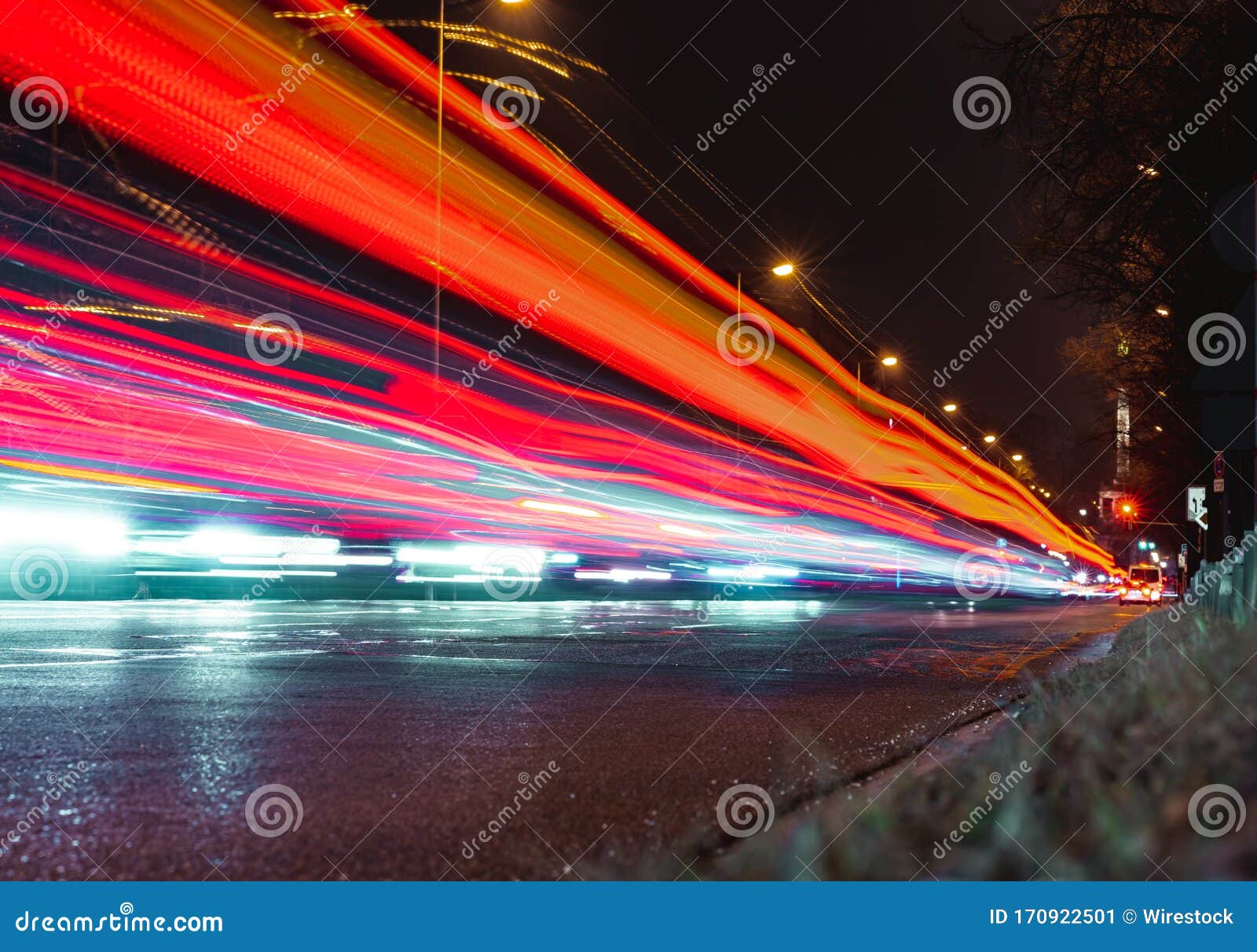 Red Light Trails in the Illuminated Highway at Night Stock Image ...