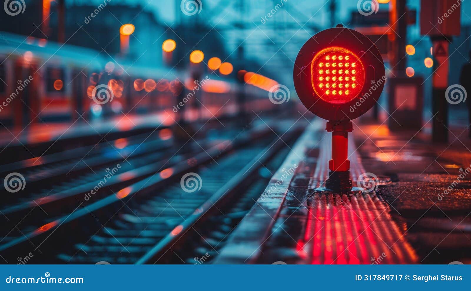 A Red Light on a Train Platform at Night, AI Stock Image - Image of ...